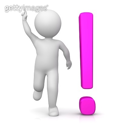 running stick man raising hands and arm winner with pink 3d exclamation ...