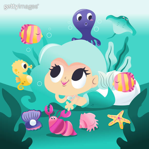 Super Cute Mermaid Lying Down Underwater With Sea Creatures 이미지 ...