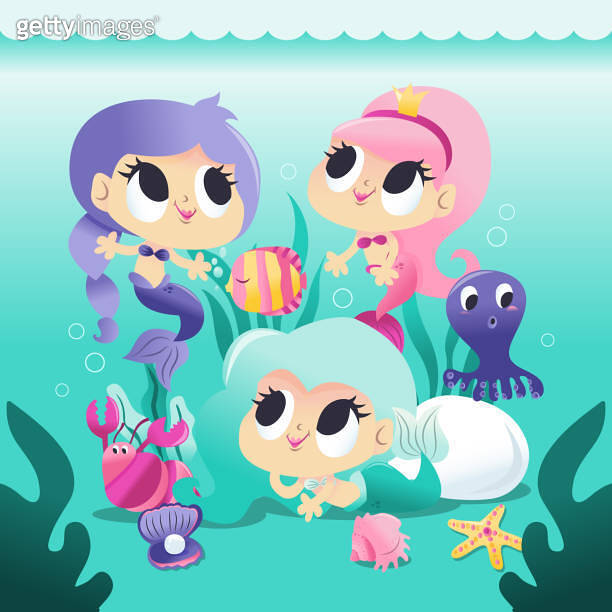 Super Cute Group of Mermaids Underwater With Sea Creatures 이미지 ...