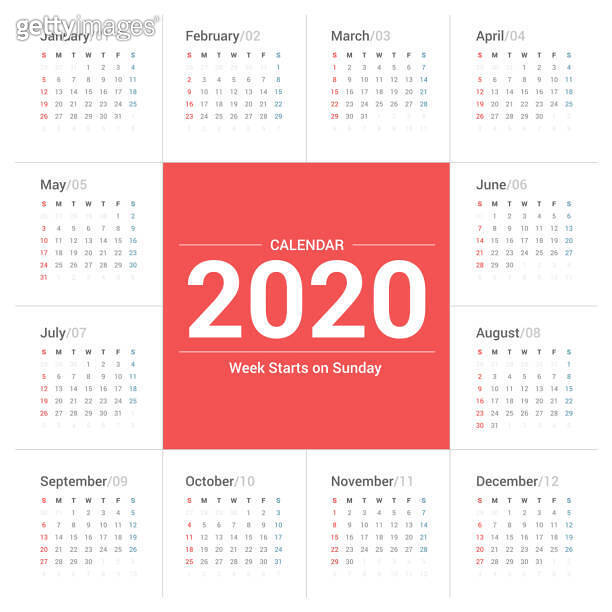 Calendar 2020 simple style on white background. Week starts on Sunday ...