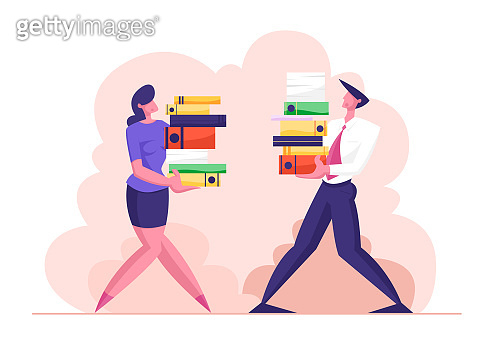 Man and Woman Carry Big Heap of Documents Files. Business People ...