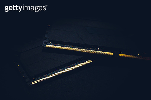 Photo of DDR RAM memory module on black background Macro. 이미지 ...