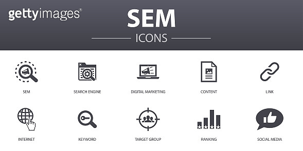 SEM simple concept icons set. Contains such icons as Search engine ...