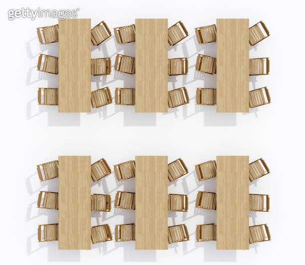 group of wooden tables with chairs top view 이미지 (1167969893) - 게티이미지뱅크