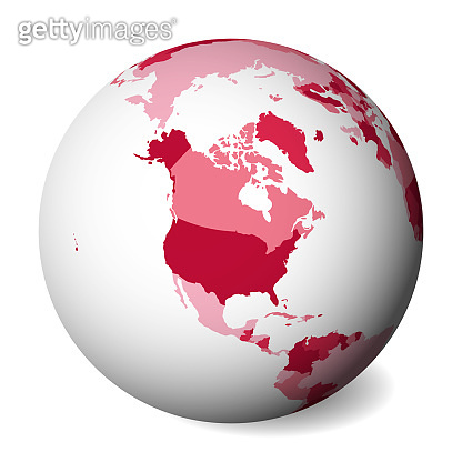 Blank political map of North America. 3D Earth globe with pink map ...
