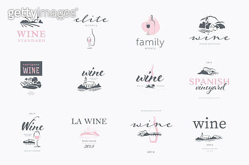 Vector set of wine label logo design template with text, hand drawn ...