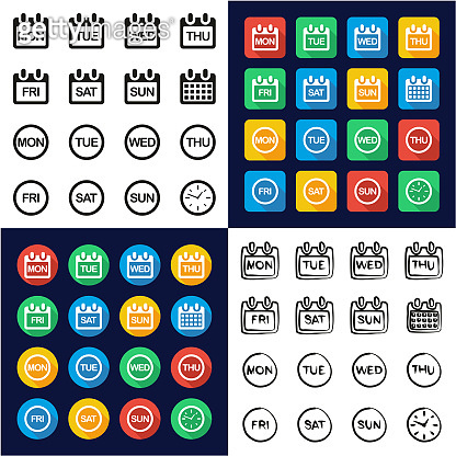 Days of the Week Icons All in One Icons Black & White Color Flat Design ...