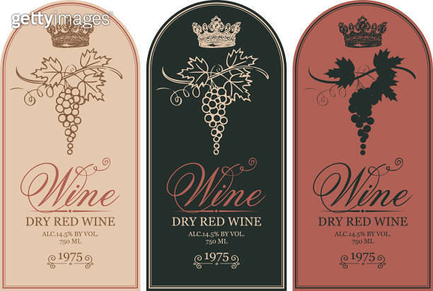set of wine labels with grape bunches and crowns 이미지 (1168956833) - 게티이미지뱅크