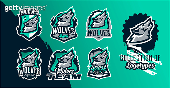 Collection of colorful emblems of the howling wolf. Logo, badge of the ...