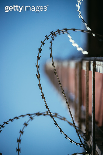Barbed wire in the prison or on military base, close up perspective ...