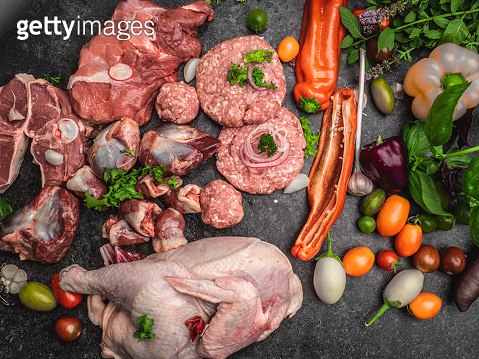 Different types of raw meat: beef, chicken, lamb, gilbert, pork, herbs ...