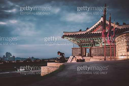 night view of suwon hwaseong fortress. intended toned and exposed ...