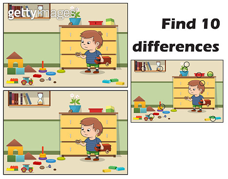 Little boy playing with toys in the room. Find 10 differences ...