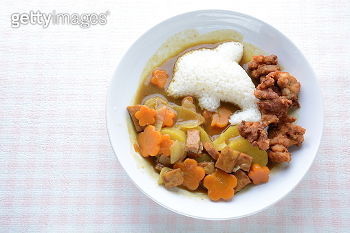 Japanese curry with dolphin rice shape and fried chicken. (Karaage ...