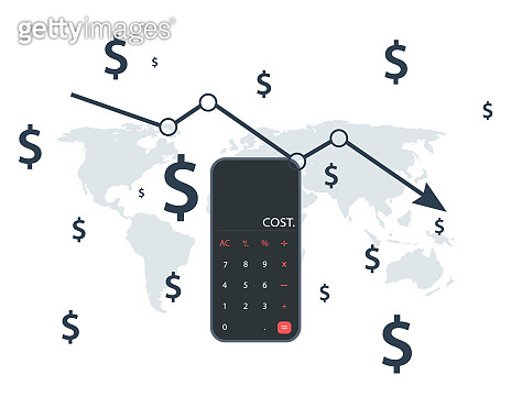 Cost Reduction.Calculator and arrow line decrease. Dollar money fall ...