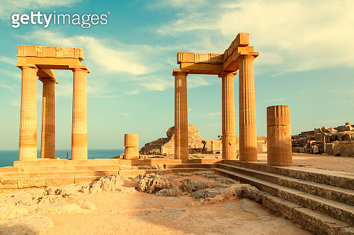 Lindos Medivial castle with some ancient parts including the temple of ...