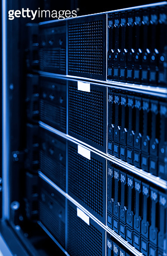 Close up view of modern computer server in dark tinting design ...