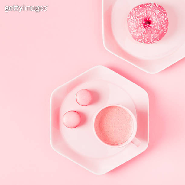 Breakfast with coffee on a pastel pink background 이미지 (1180555560) - 게티 ...