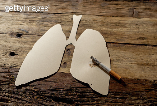 Conceptual image of cigarette burning on paper lungs isolated on rustic ...