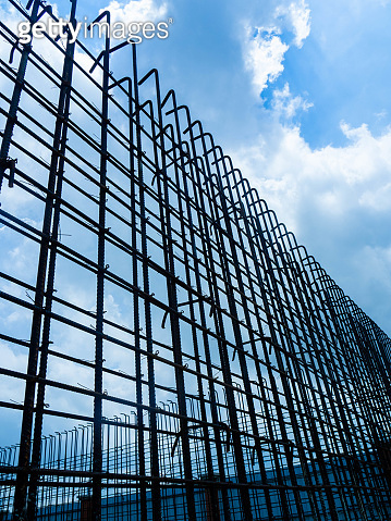 Steel rebar of a concrete water reservoir tank, construction concept ...
