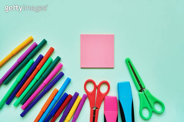 School subjects on green background. Back to school concept. Flat lay ...