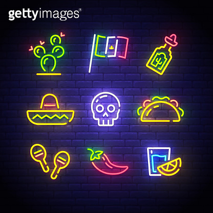 Mexican icons. Icon from Cinco De Mayo. Mexico neon sign. Cactus, Flag ...