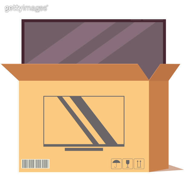 Flat TV half pulled out of the box 이미지 (1174441577) - 게티이미지뱅크