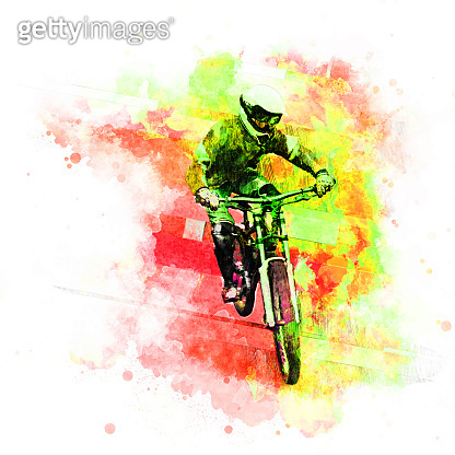 Black pencil drawing of a cyclist on a downhill bike on a multicolor ...