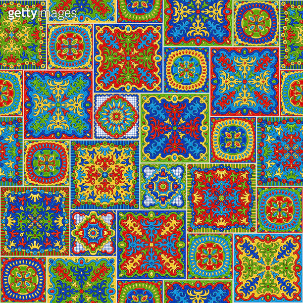 Seamless patchwork pattern of bright colored mosaic tiles with hand ...