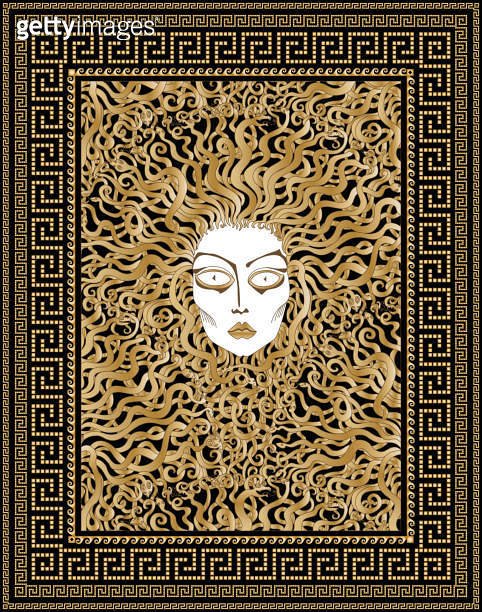 Vector Greek meander border pattern frame, Medusa Gorgon face with ...