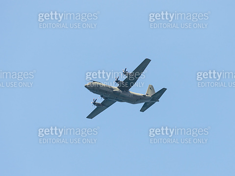 Airborne cargo plane participates in an air parade, dedicated to the ...