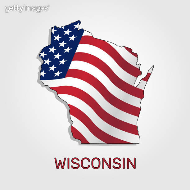 Map of the state of Wisconsin in combination with a waving the flag of ...
