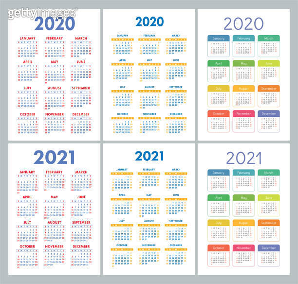 Calendar 2020, 2021 years. Colorful vector set. Week starts on Sunday ...