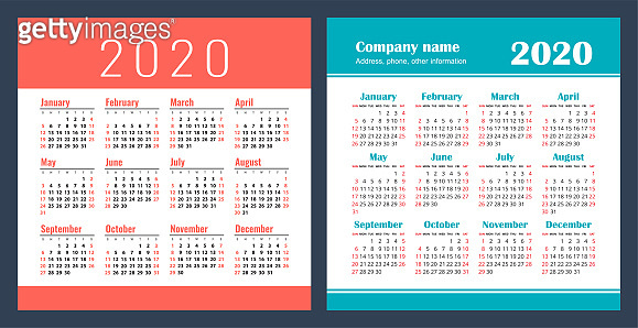 Calendar 2020 year. Vector design template set. Pocket calender. Week ...