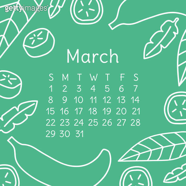 March calendar 2020. Vector English wall calender template. Banana ...