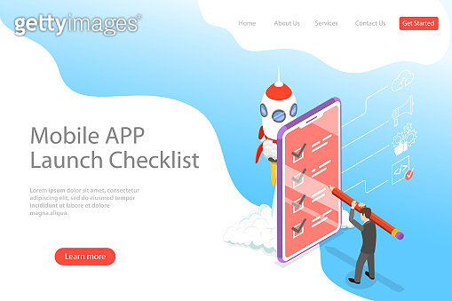 Flat isometric vector landing page template for mobile app launch checklist. 이미지 (1138208434 ...