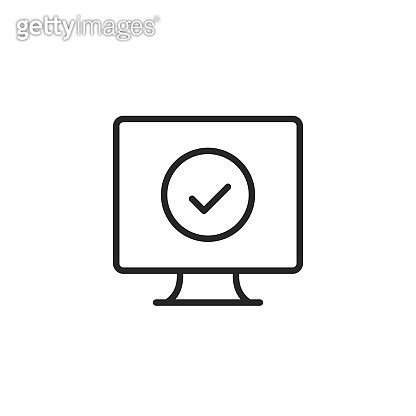 Computer with check mark icon. Thin line design. Update, success ...