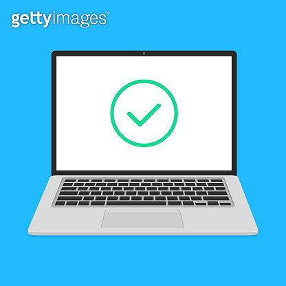 Laptop with check mark icon on screen. Computer with green checkmark ...