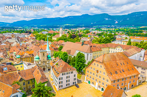 Aerial view of Solothurn with town hall in the center, Switzerland 이미지 ...