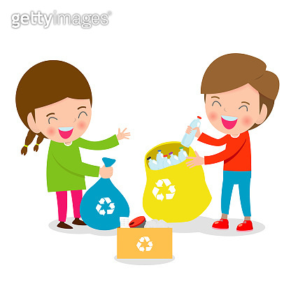 Children collect rubbish for recycling, Illustration of Kids ...