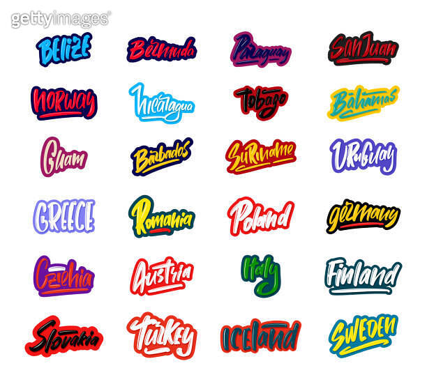 Set of cartoon country names lettering text. Vector illustrations for ...