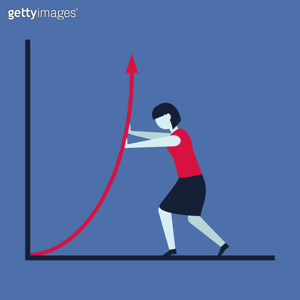 girl bends the curve of the graph up. vector flat illustration. 이미지 ...
