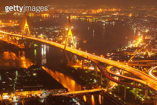 Aerial view of Bhumibol Suspension Bridges and highways interchange ...