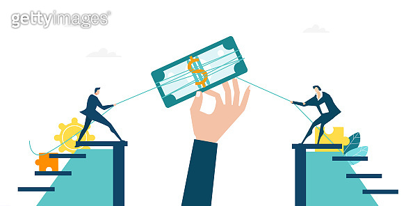 Two businessmen pulling dollar, competing against each other. Finding ...