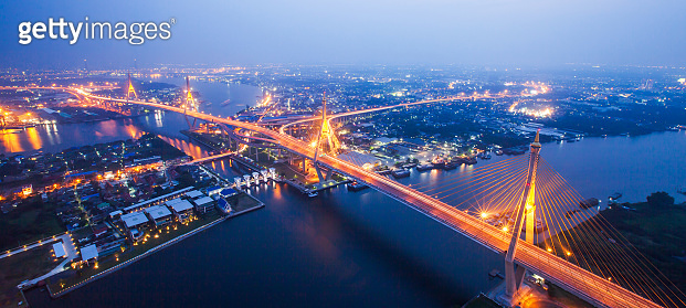 Aerial view of Bhumibol Suspension Bridges and highways interchange ...