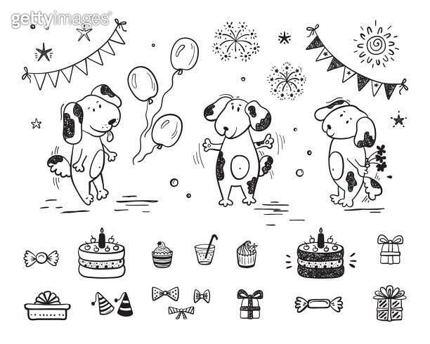 Birthday Party Set with Cute Dogs. Happy Birthday Card Template with ...