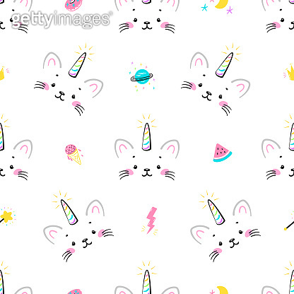Vector Background with Cute Magic Unicorn Cat Head with Summer Symbols ...