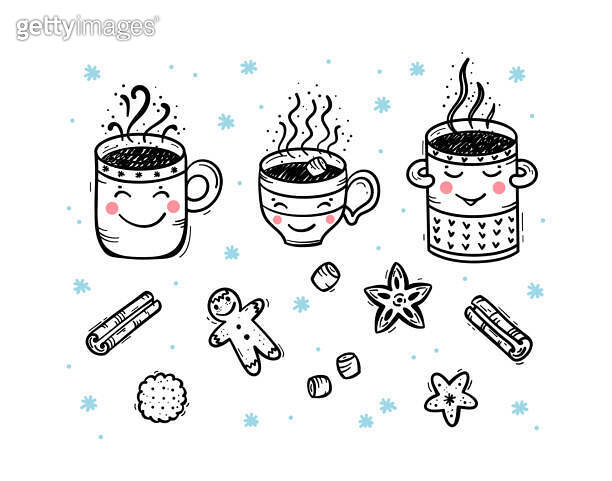 Vector Set of Winter Hot Drinks and Sweets. Cozy Cute Mugs with ...