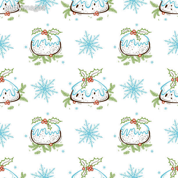 Seamless Vector Pattern of Christmas Pudding with Holly Leaves and ...