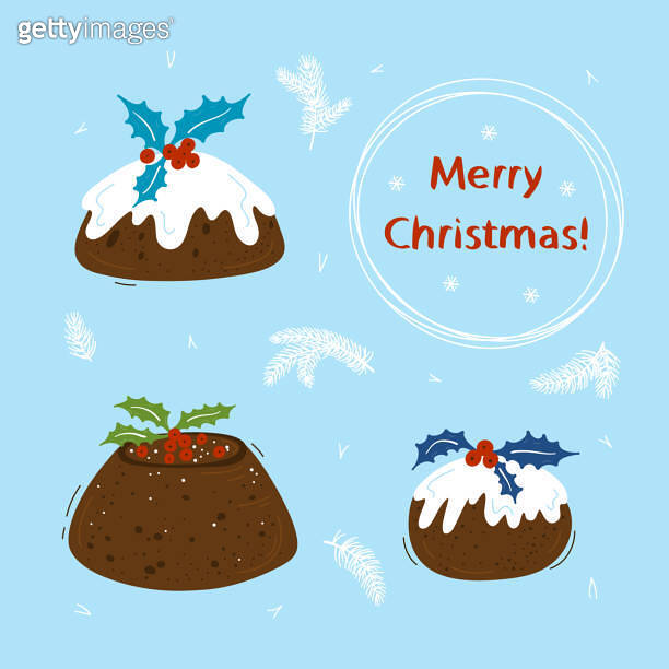 Winter Holiday Vector Set with Doodle Christmas Pudding (Plum Pudding ...